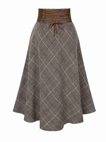 Braun 1970er Schnürung Glen Plaid Rock – retro stage-German