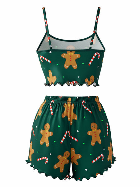 Grün 1970er Lebkuchenmann Keksbonbons Satin Pyjama Set – retro stage-German